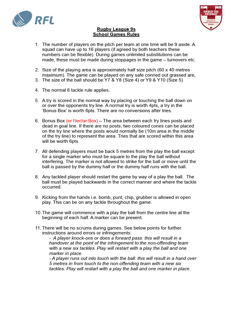 Rugby League 9s School Games Rules | PDF | Sports | Football Codes
