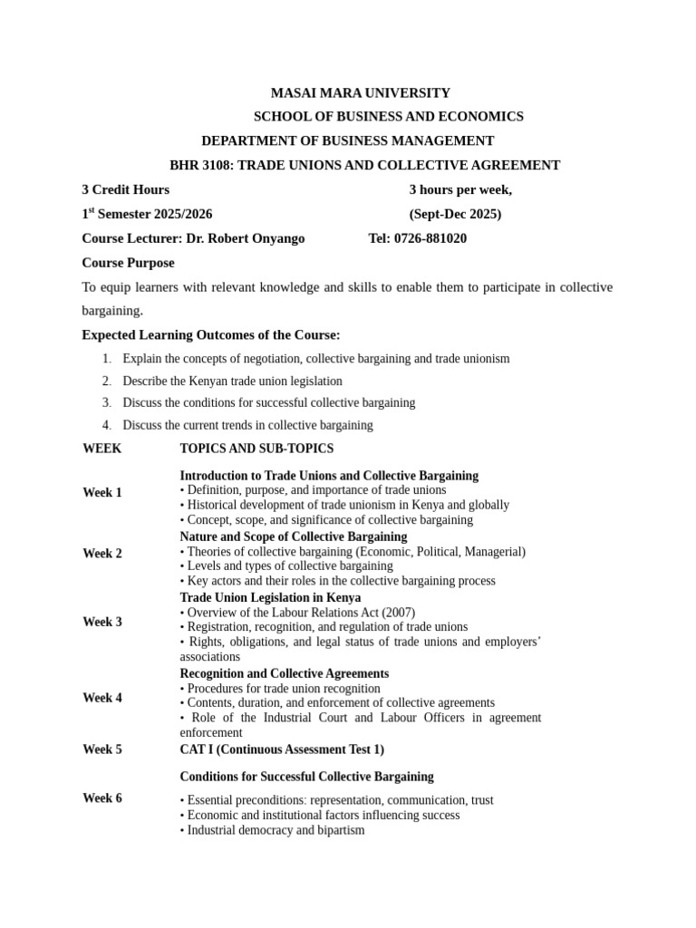 BHR 3108 Trade Unions and Cba Course Outline | PDF | Collective ...