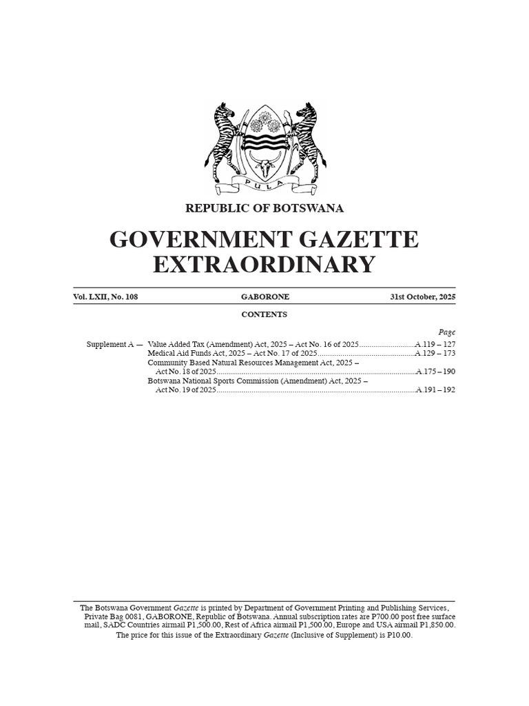 Botswana VAT Amendment Act 2025 | PDF | Insurance | Health Care
