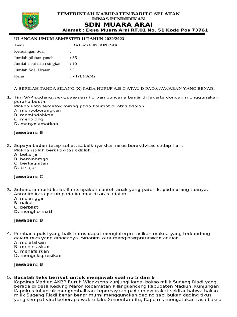 SOAL KELAS 5 B.indonesia Dan Jawaban | PDF