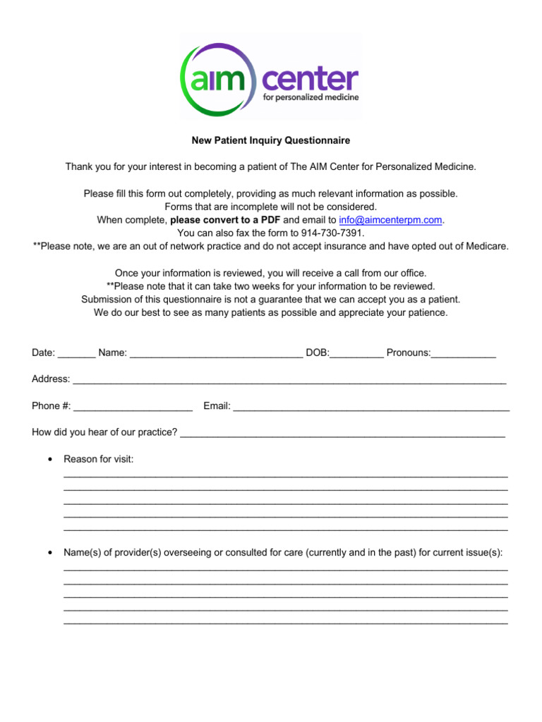 New Patient Inquiry Questionnaire 2024 | PDF | Health Care | Medicine
