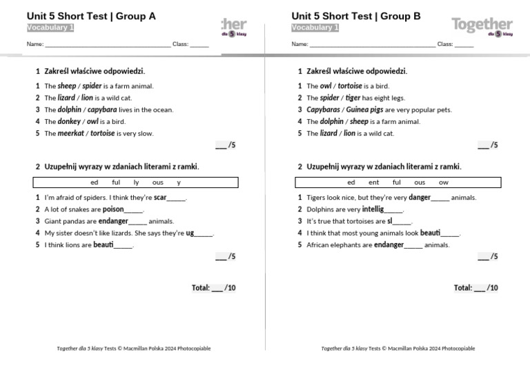 Unit 5 Vocabulary Test for Grade 5 | PDF | Zoology