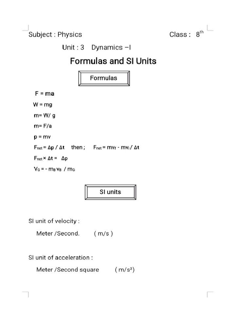 Unit 3 (Physics) Formulas and SI Units of Dynamics - I | PDF