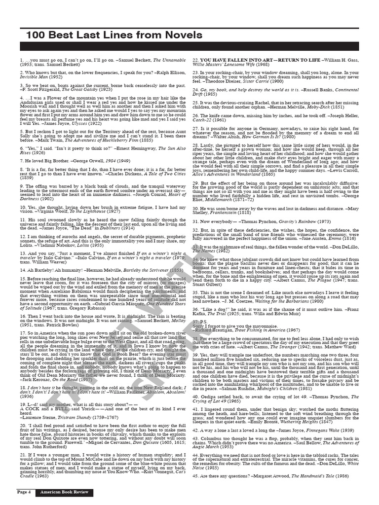 100 Best Last Lines From Novelsw | PDF | Novels