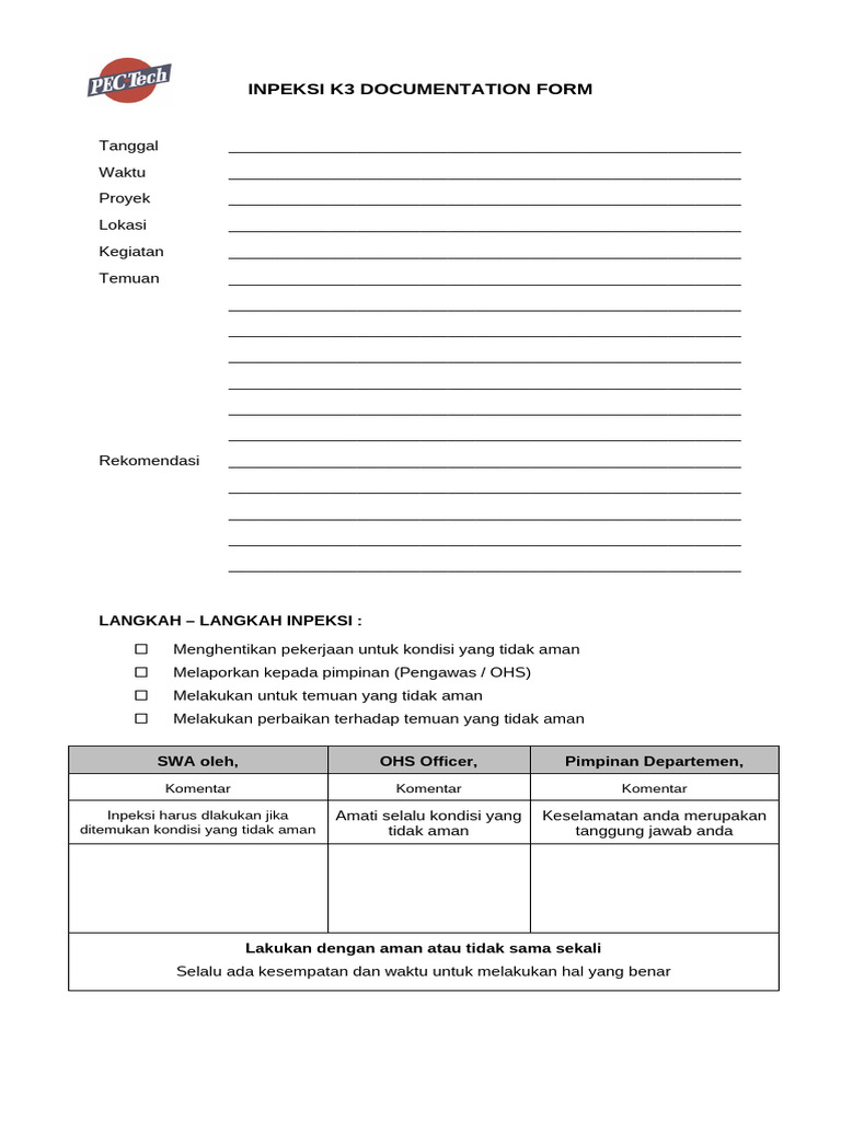 Formulir Inspeksi K3 dan Rekomendasi | PDF