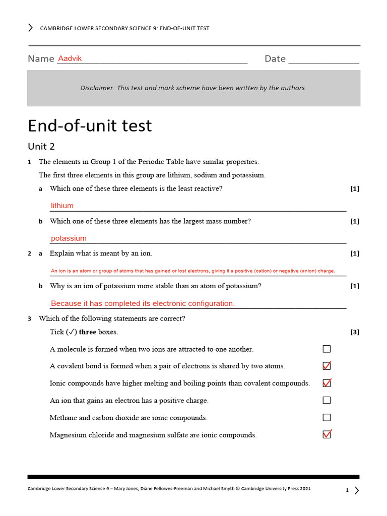 Cambridge Science 9 Unit 2 Test | PDF | Ion | Chemical Compounds