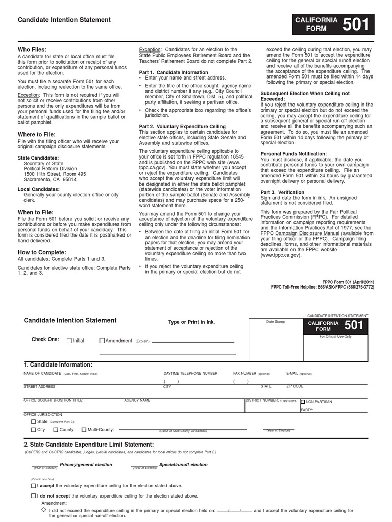 Candidate Intention Statement: California Form | PDF | Elections ...