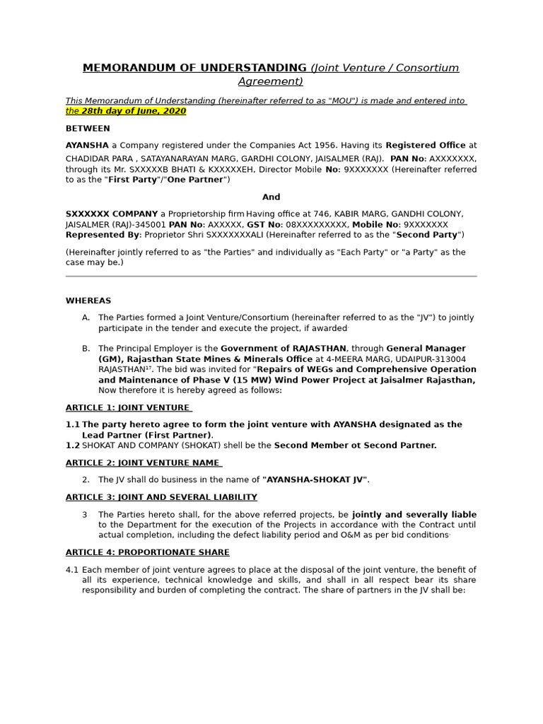 Memorandum of Understanding | PDF | Joint Venture | Legal Liability