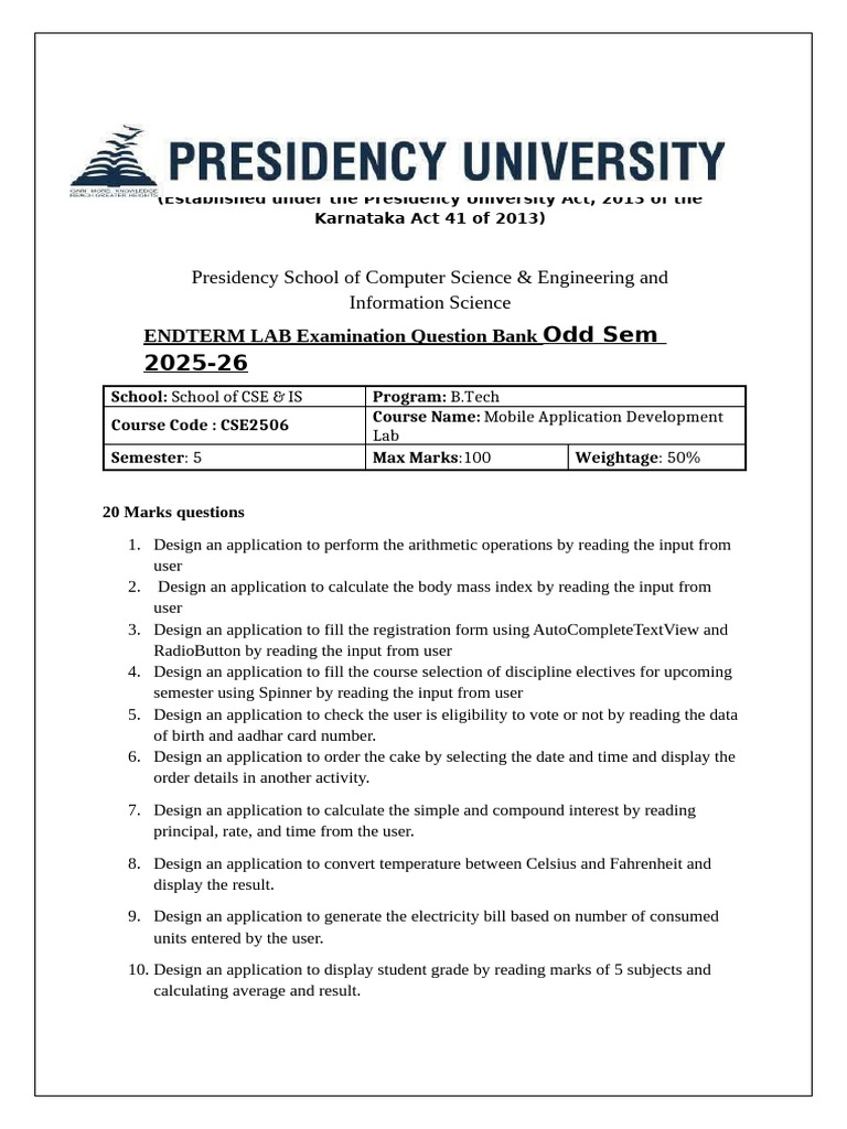 Updated - CSE2506 - Mobile Application Development Lab - QB | PDF ...