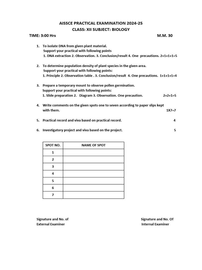 AISSCE Class XII Biology Practical Guide | PDF | Biology | Biological ...