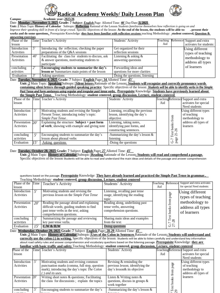 7th Grade English Lesson Plans 2025 | PDF | Reading Comprehension ...