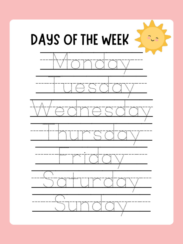 Days of The Week Tracing Worksheet in Pink and Yellow Simple Style | PDF