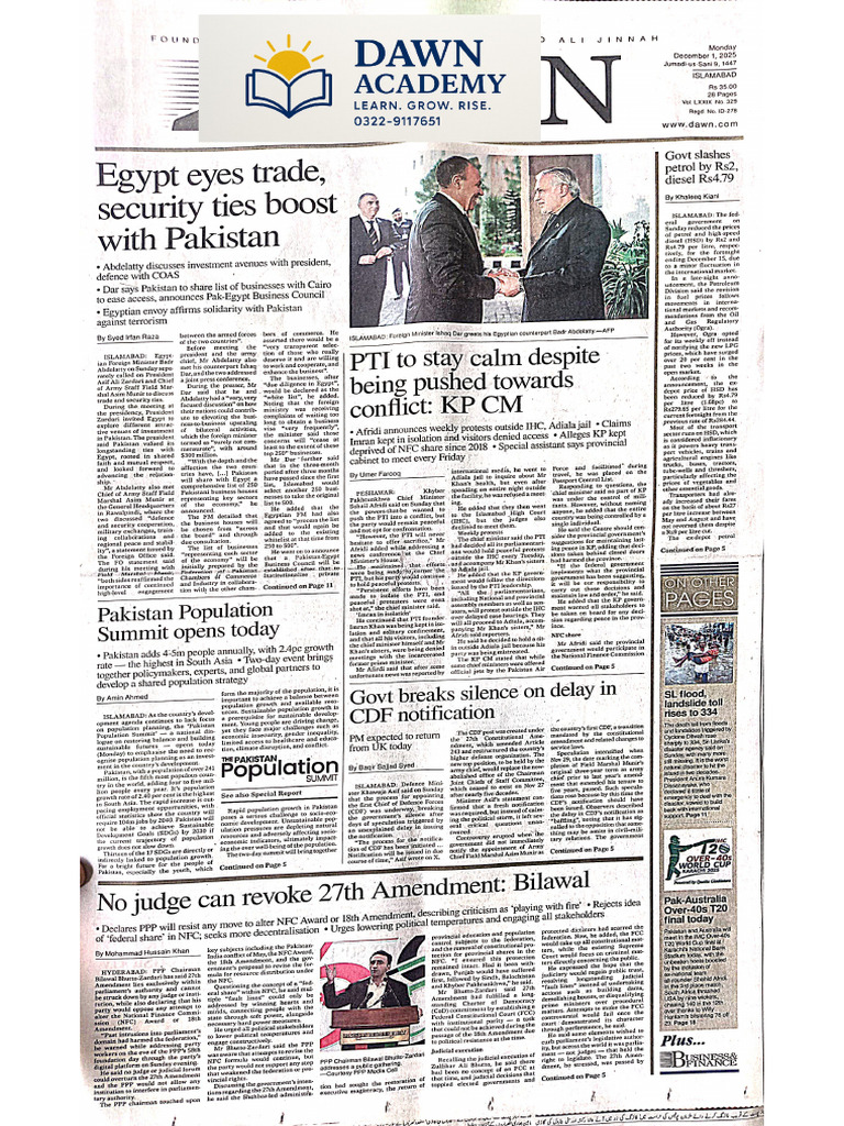Dawn Newspaper + Dawn Special Report 01 December 2025 by 03229117651 | PDF
