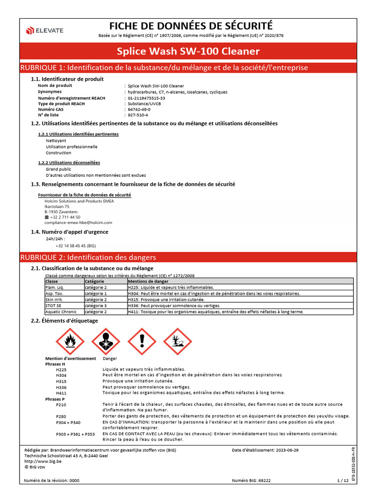 Fiche de sécurité Splice Wash SW-100 | PDF | Déchets | Transport