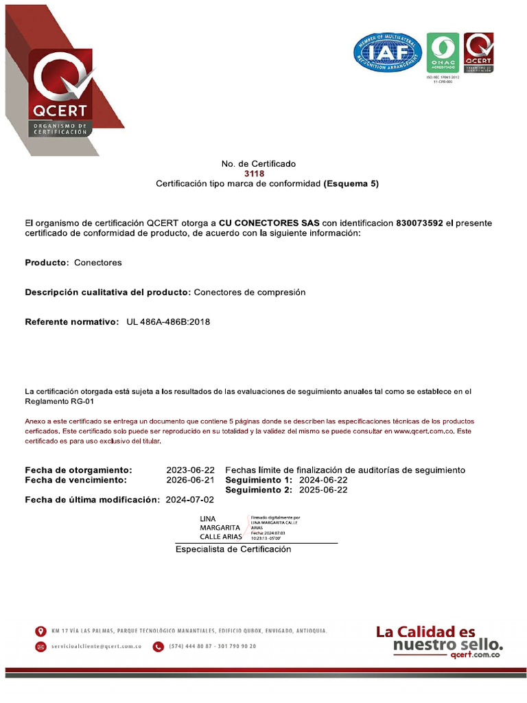Certificado Conectores de Compresion Ul 486 A B 3118 | PDF