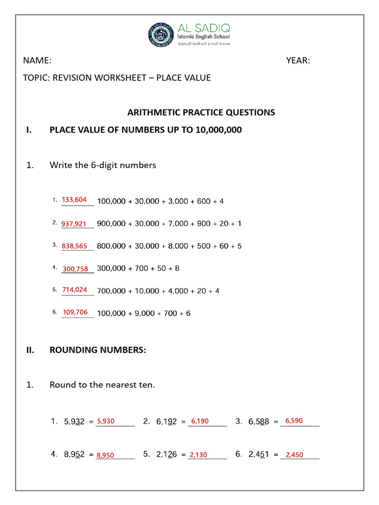 Revision Worksheet- Place Value - Copy | PDF
