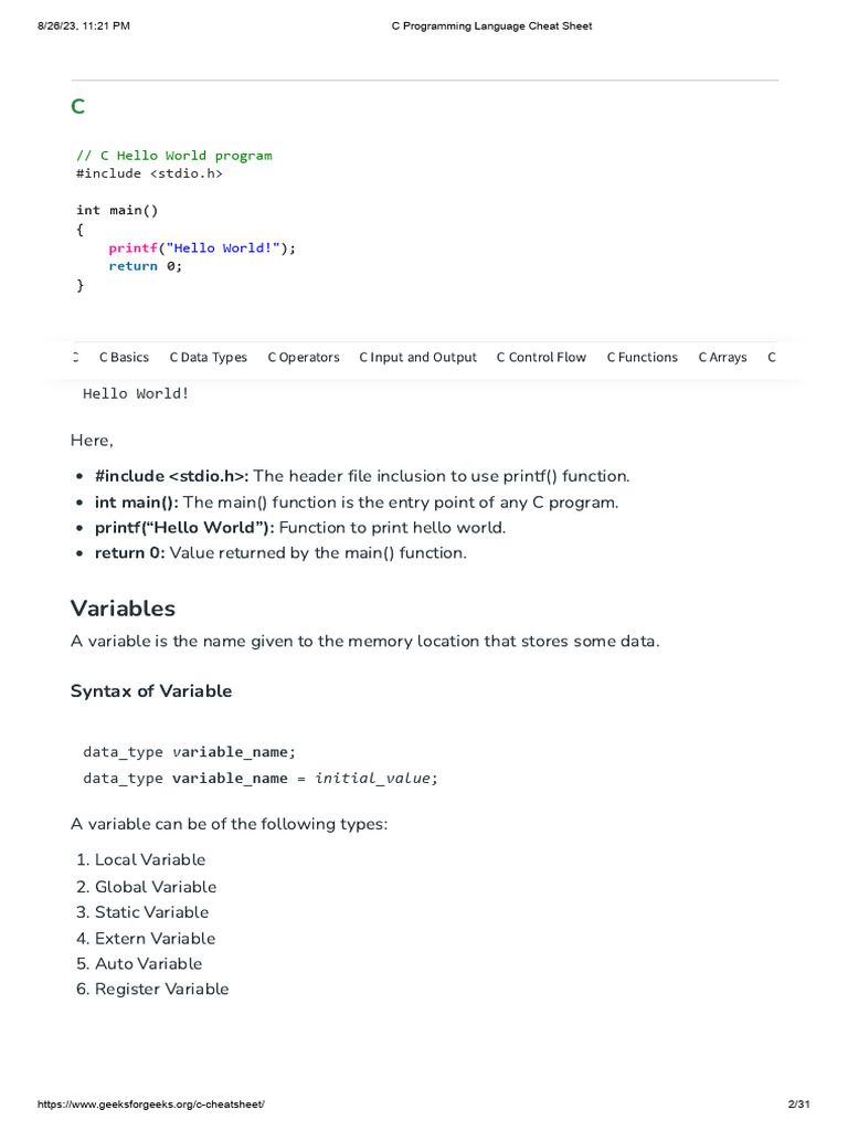C Programming Language Cheat Sheet | PDF | Pointer (Computer ...