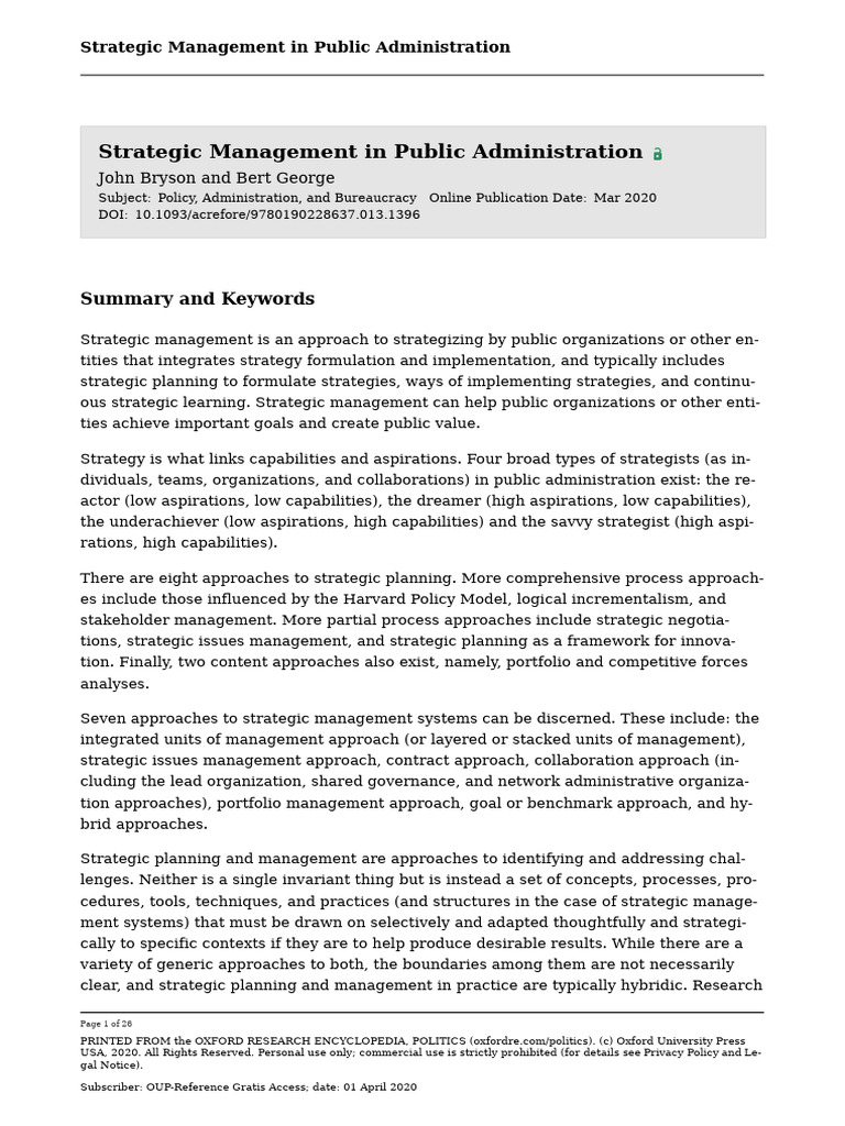 Bryson & Bert (2020) Strategic Management | PDF | Strategic Management ...