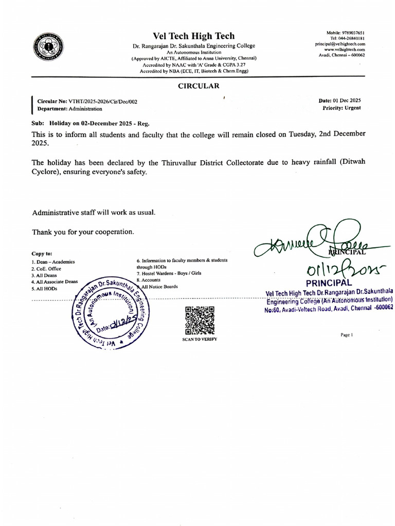 Circular Holiday On 2nd Dec 2025 - Reg. | PDF