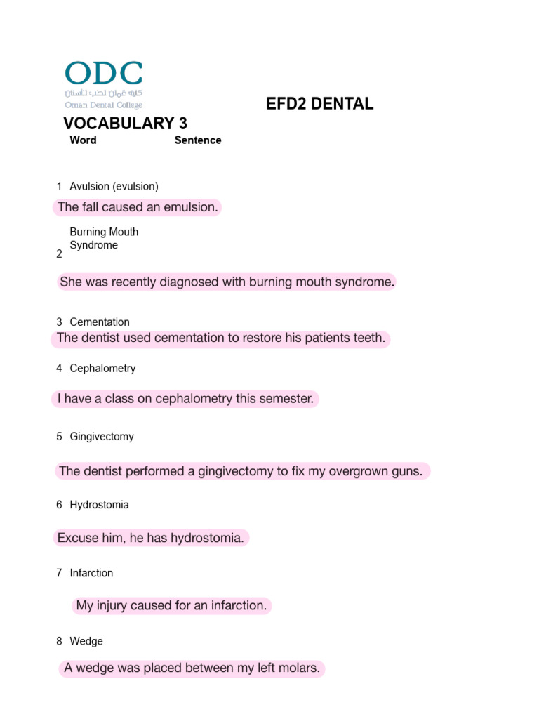 Dental Vocabulary and Definitions Guide | PDF