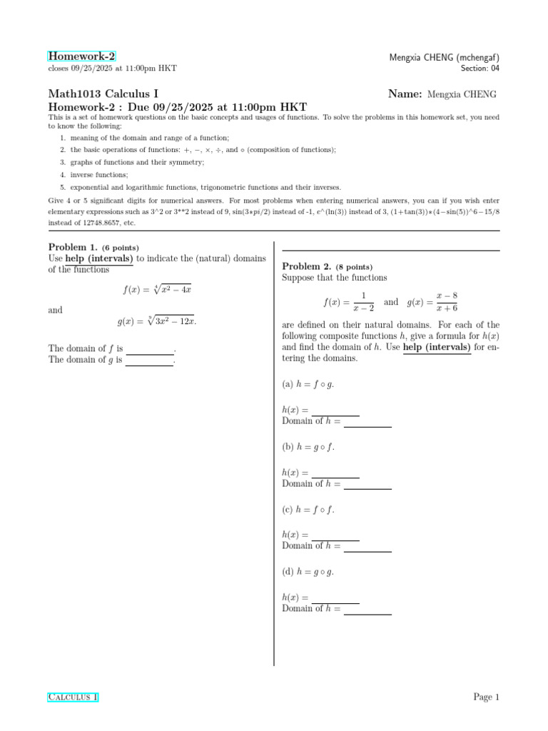 2025 FALL MATH1013.Mchengaf - Homework-2 | PDF | Function (Mathematics ...