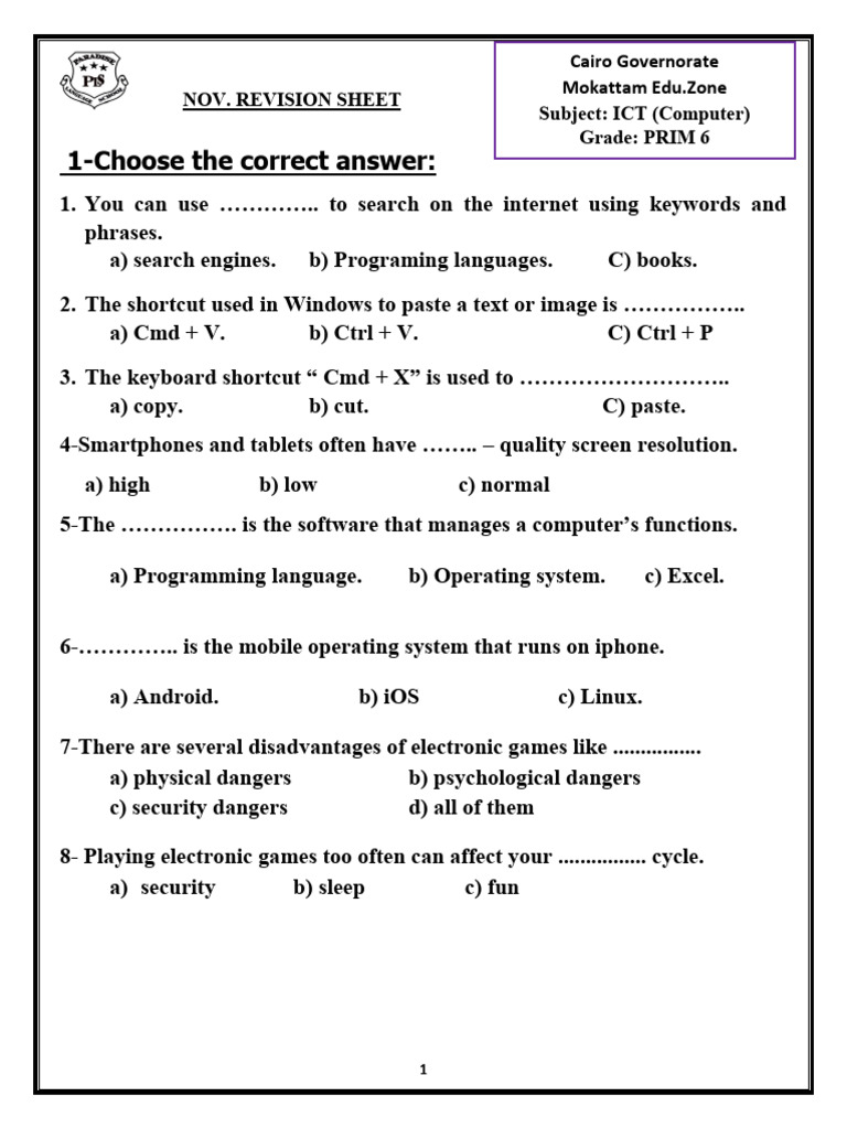 Prim 6 Nov. Revision Sheet | PDF