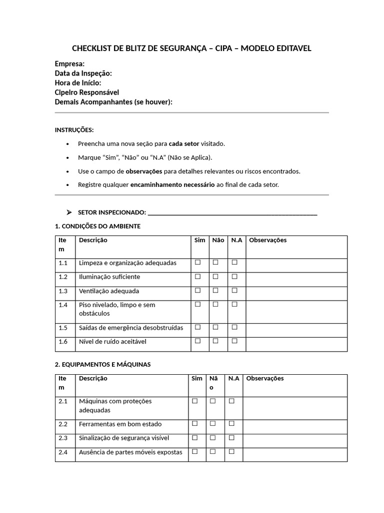 Checklist de Segurança CIPA Editável | PDF