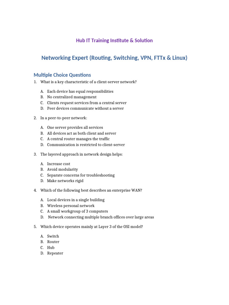 1st Week Basic Networking MCQ | PDF | Computer Network | Transmission ...