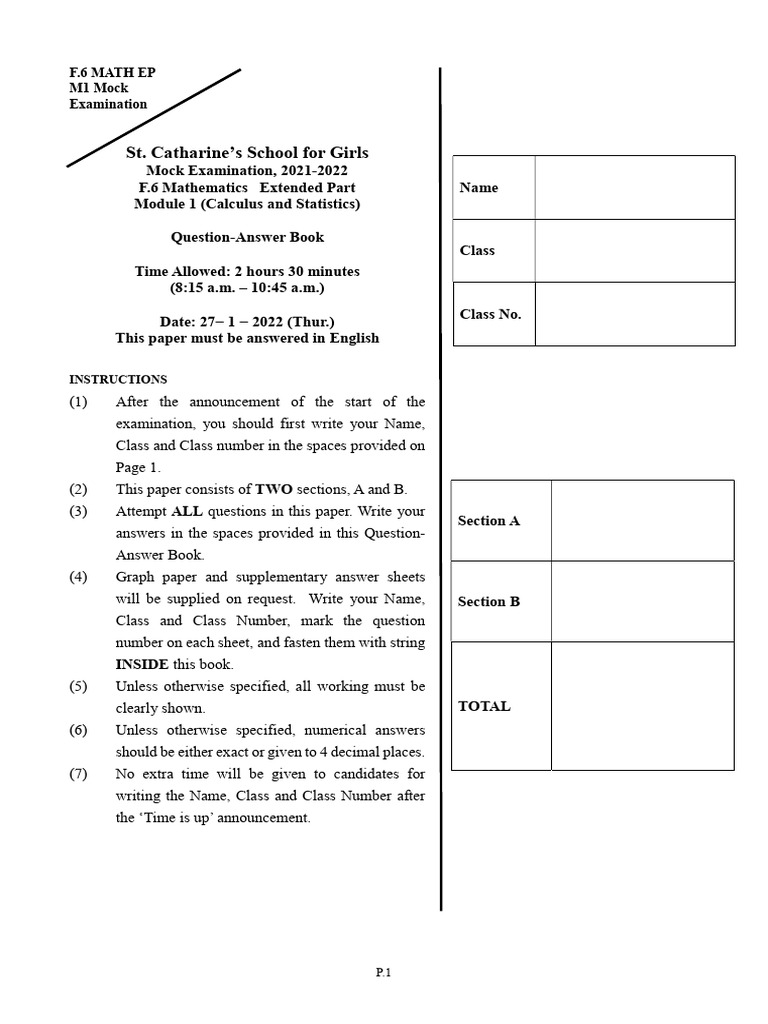 F.6 Math Mock Exam 2021-2022 | PDF | Tangent | Confidence Interval