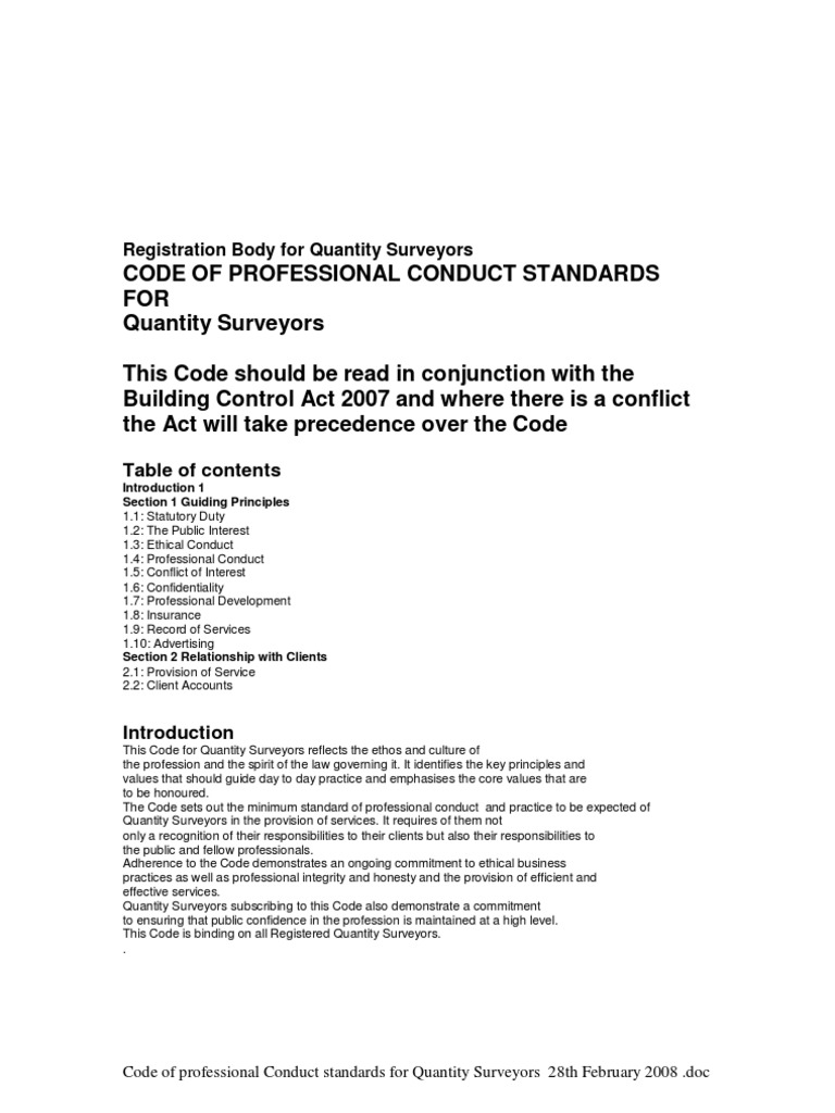Code of Professional Conduct Standards Quantity Surveyors | PDF ...