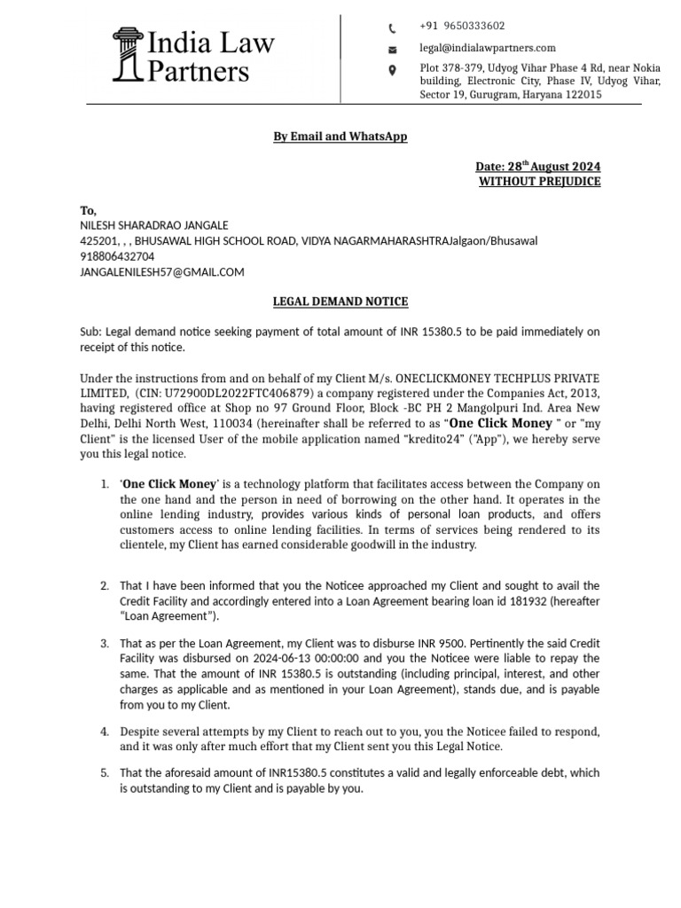 Legal Demand Notice for Loan Payment | PDF | Loans | Money