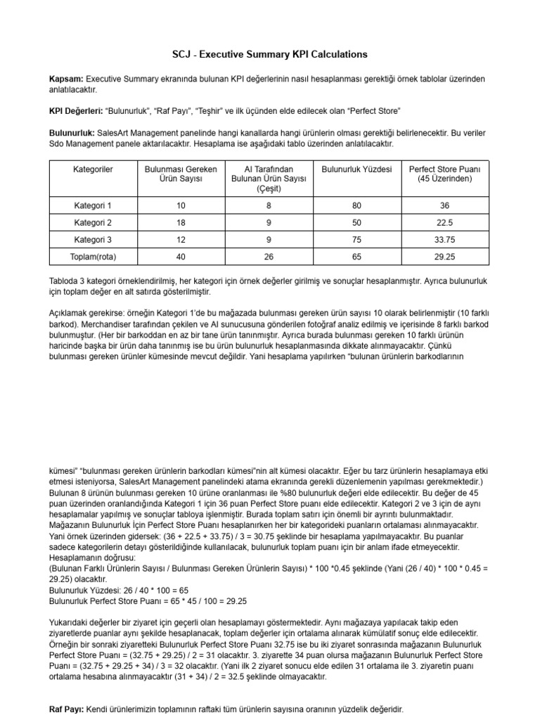 SCJ - Executive Summary KPI Calculations | PDF
