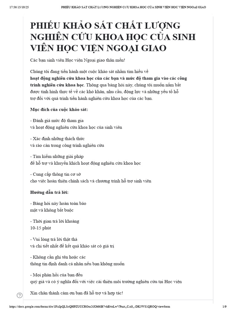 PHIẾU KHẢO SÁT CHẤT LƯỢNG NGHIÊN CỨU KHOA HỌC CỦA SINH VIÊN HỌC VIỆN NGOẠI GIAO | PDF