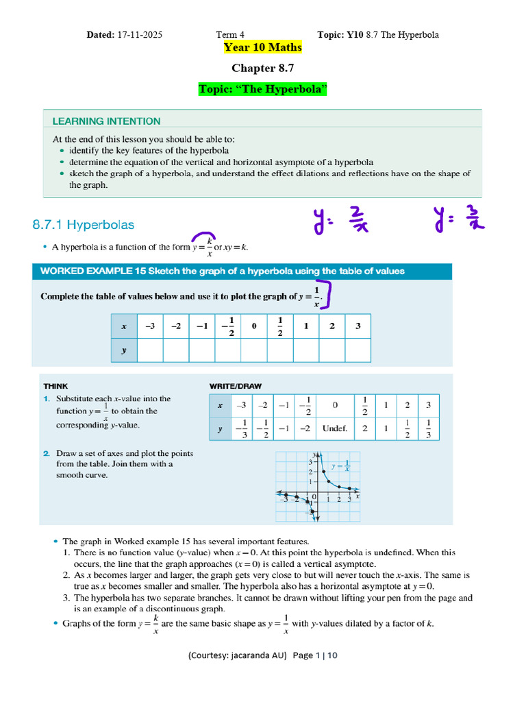 Year 10 Maths: The Hyperbola Guide | PDF