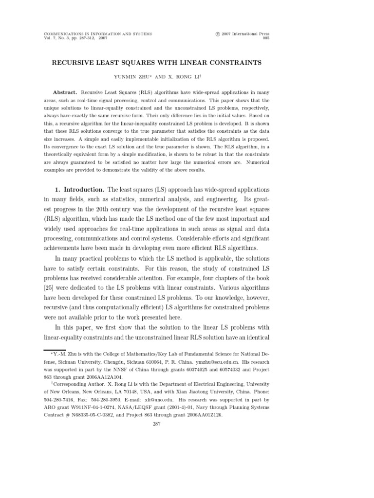 Recursive Least Squares With Linear Constraints | PDF | Least Squares | Matrix (Mathematics)