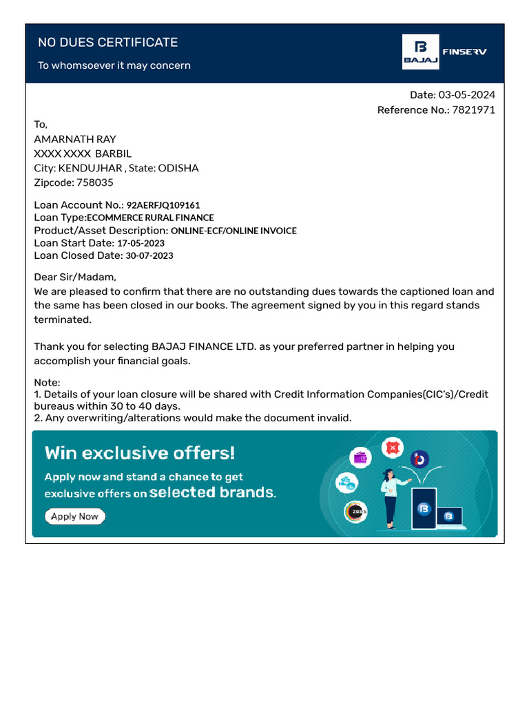No Dues Certificate for Loan Closure | PDF | Money | Financial Technology