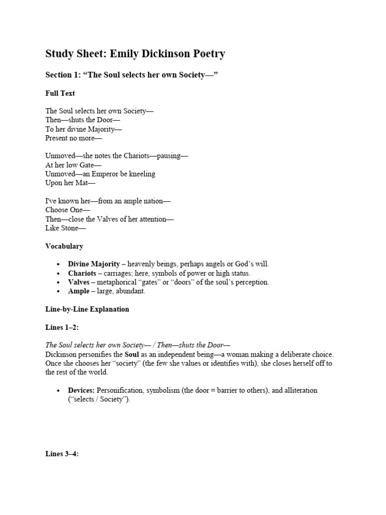 Study Sheet for Emily Dickinson's Poems | PDF | Soul | Solitude