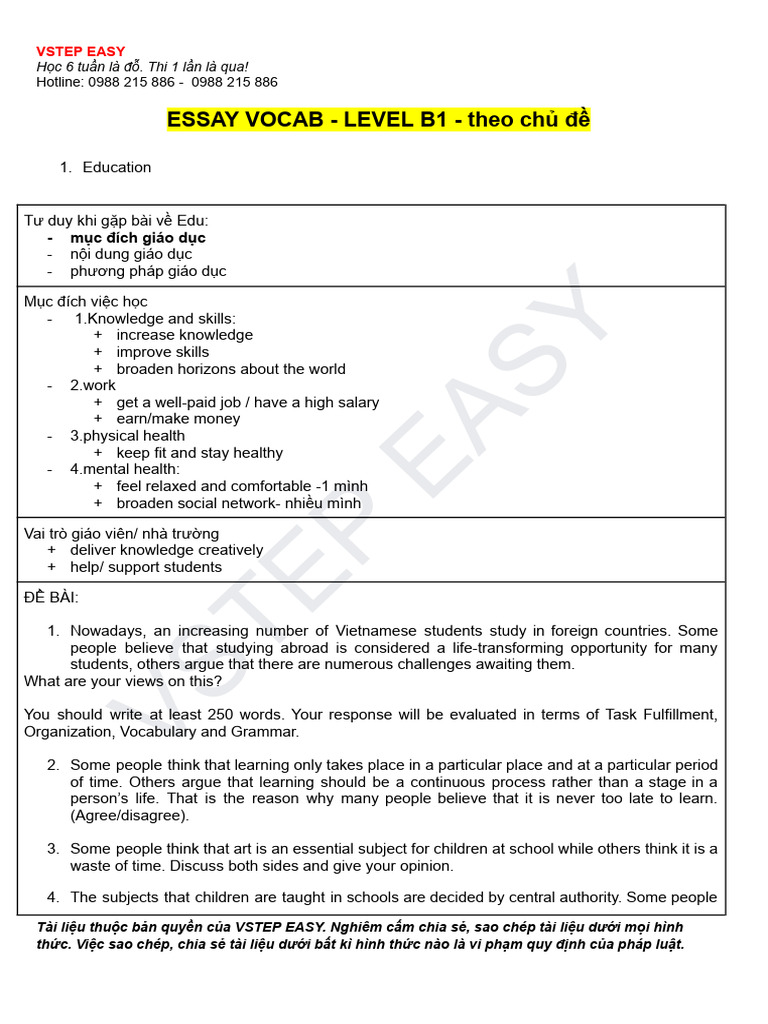 VSTEP EASY: B1 Essay Topics Guide | PDF