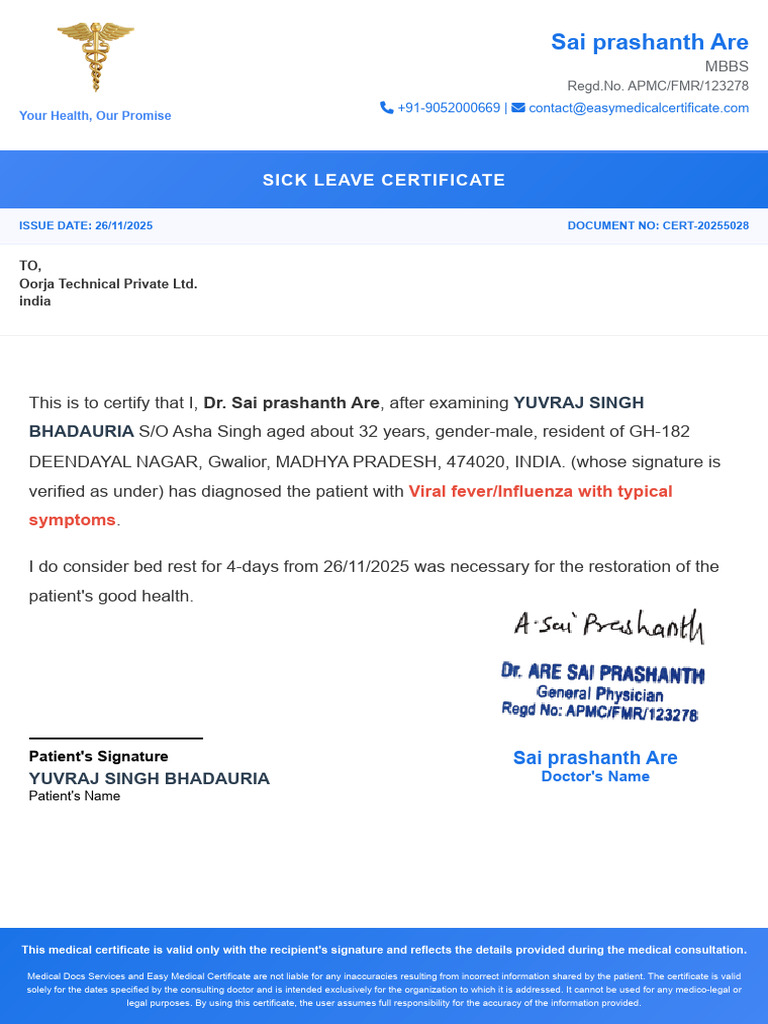 Yuvraj Singh Bhadauria Sick Leave Certificate | PDF