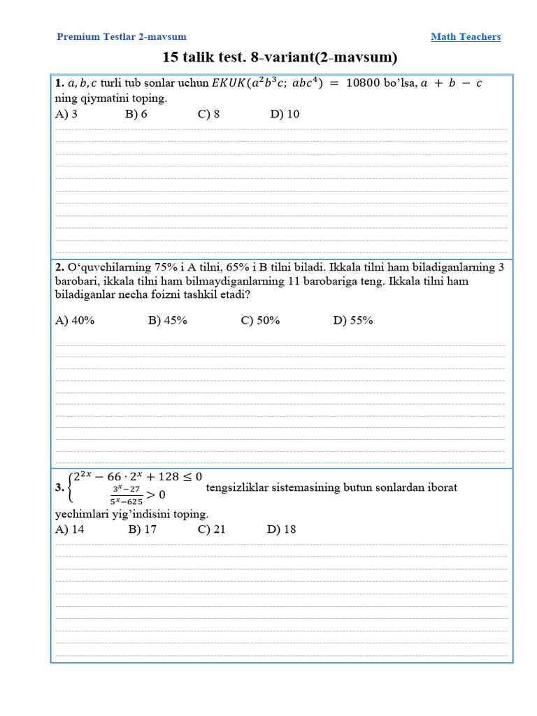 15 Talik Test. 8-Variant (2-Mavsum) | PDF