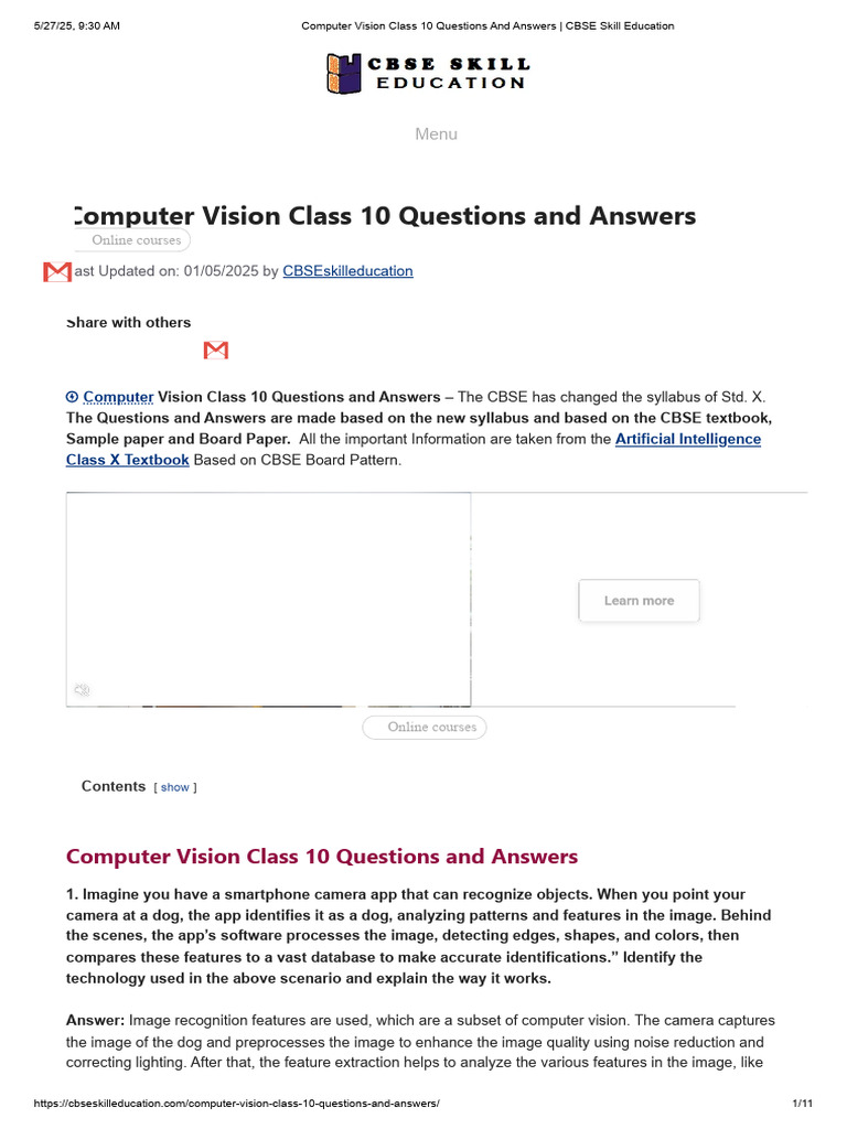 Computer Vision Class 10 Q&A Guide | PDF | Computer Vision | Image ...