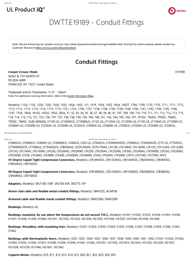 DWTT.E19189 - Conduit Fittings _ UL Product IQ | PDF | Electrical ...