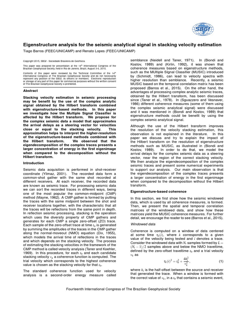Eigenstructure Analysis for the Seismic Analytical Signal in Stacking Velocity Estimation | PDF ...