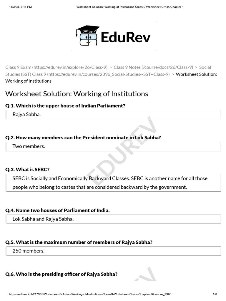 Worksheet Solution - Working of Institutions Class 9 Worksheet Civics ...