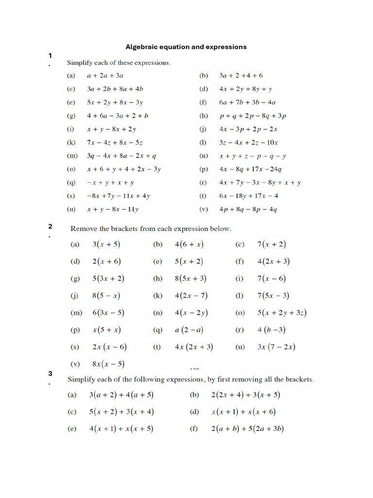 Algebraic Equation and Expressions Practice Sheet | PDF