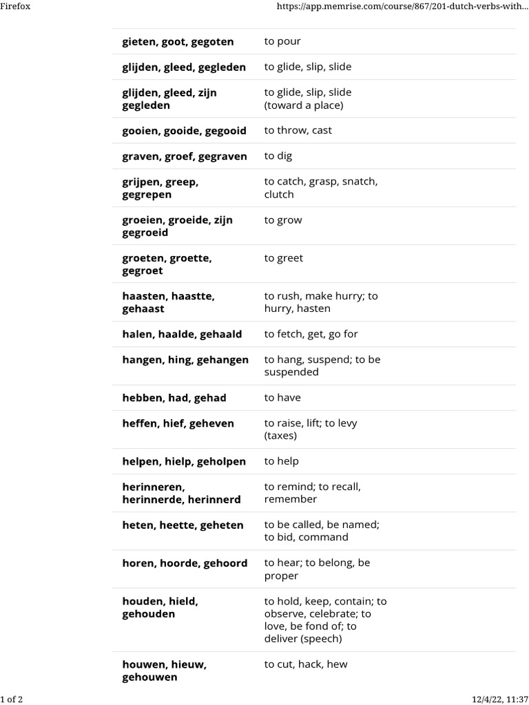 Level 3-51-75 - 201 Dutch Verbs With Past Tense - Memrise | PDF