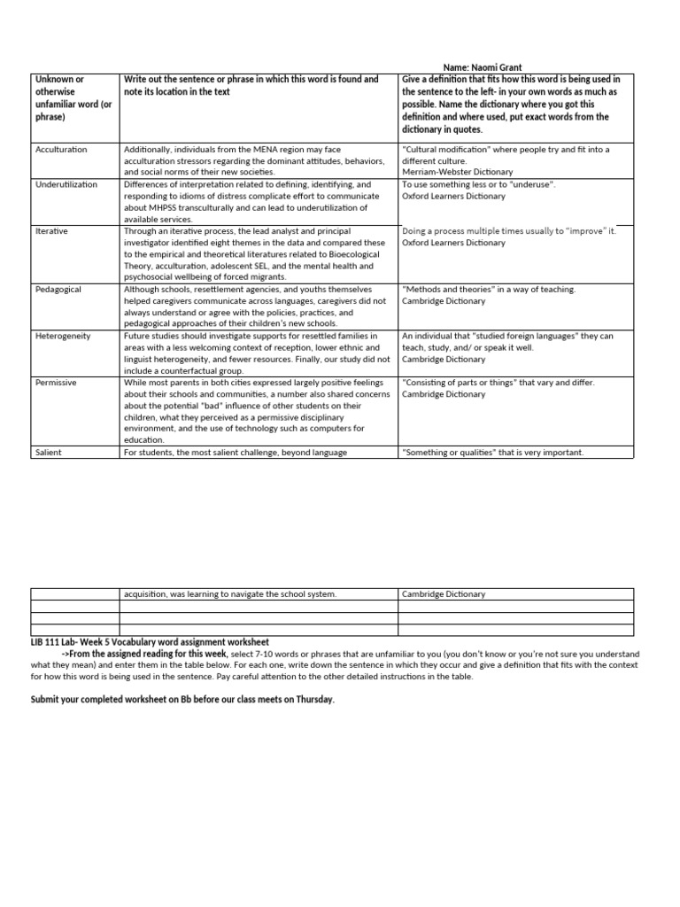 Week 5- Vocabulary Worksheet_completed | PDF | Vocabulary | Dictionary