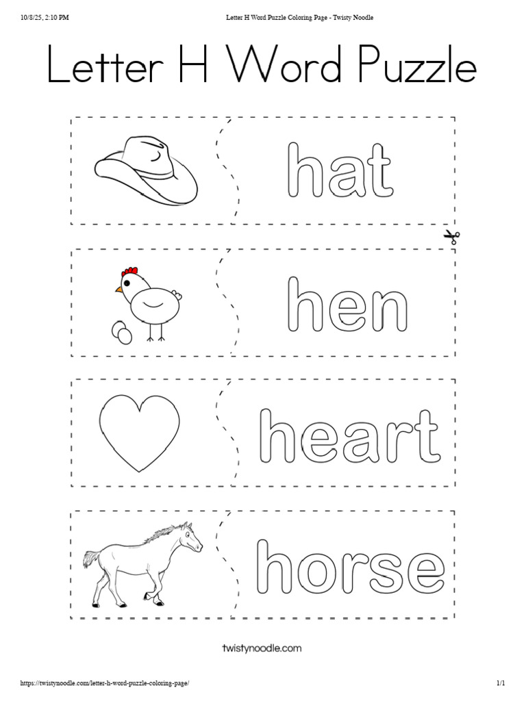 Letter H Word Puzzle Coloring Page - Twisty Noodle | PDF