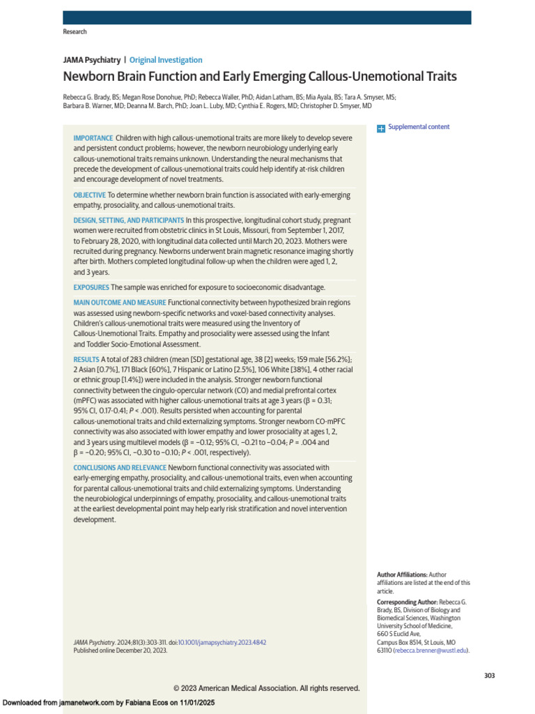 Newborn Brain Function and Early Emerging Callous-Unemotional Traits ...