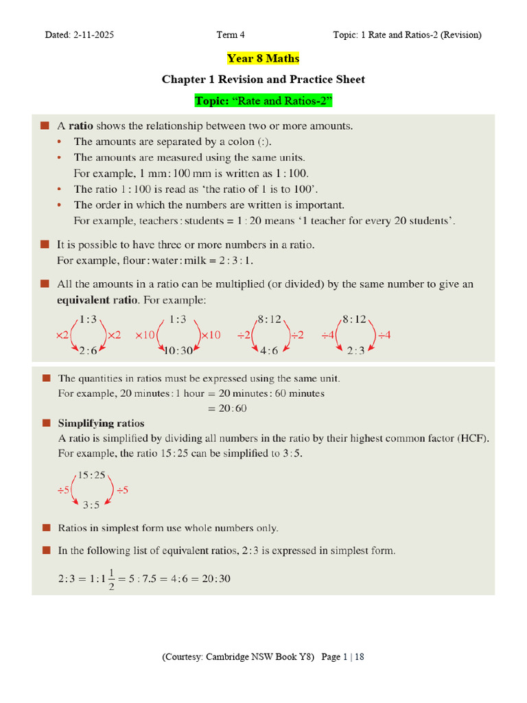 y8 Topic 1 Rate and Ratios-2 Revision Practice Sheet [12!11!2025] | PDF